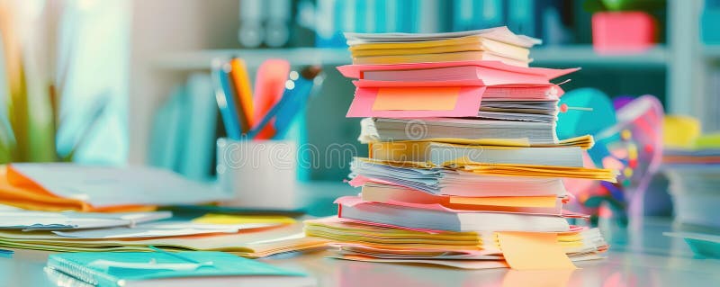 A High Stack of Office Documents and Papers with Colorful Sticky Notes ...