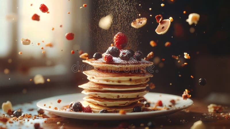 High Stack of Pancakes with Berries and Nuts Stock Illustration ...