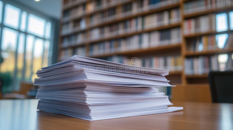 High Stack of Papers on Desk in Library Research Documents Office Study ...