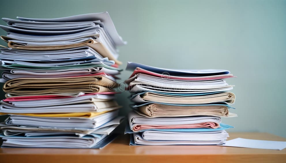 High Stack of Papers, Documents Sits on Table. Papers Various Colors ...