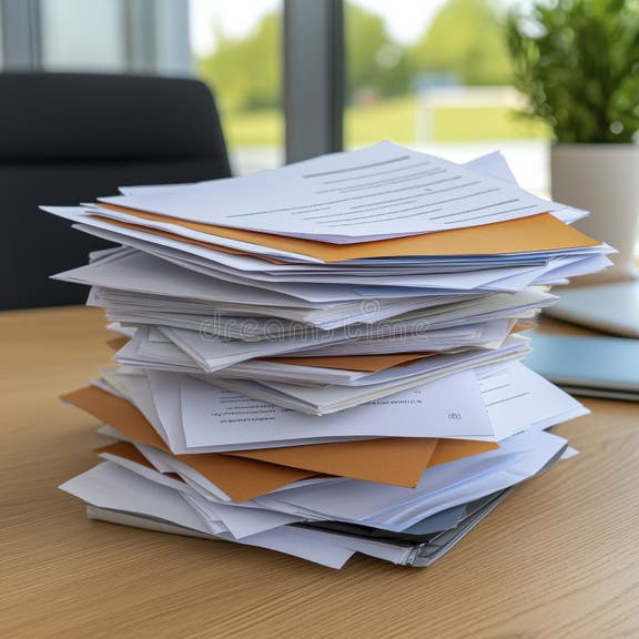 High Stack of Papers and Envelopes on Wooden Desk in Office Stock ...