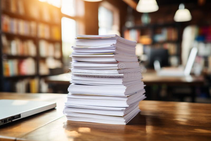 A High Stack of Papers on a Messy Desk in a Bright Office Indicating an ...