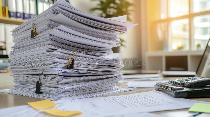 High Stack of Papers on Office Desk Stock Illustration - Illustration ...