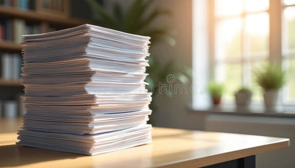 High Stack of Papers Sits on Wooden Desk in Sunlit Office, Symbolizing ...