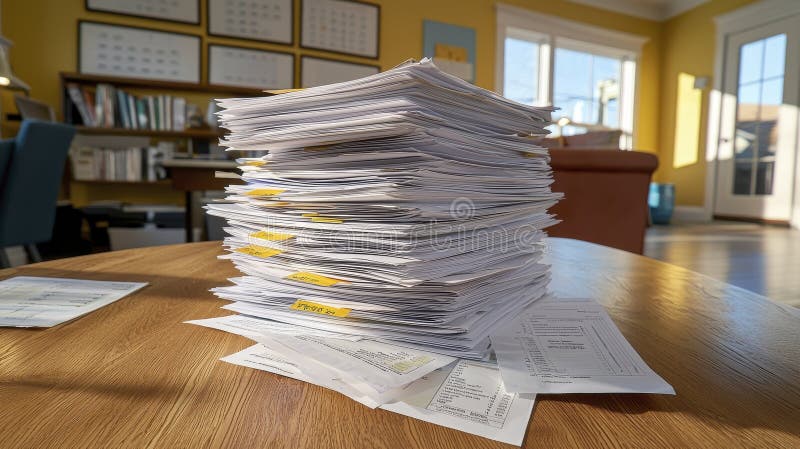 High Stack of Papers on Wooden Table in Sunlit Office Stock ...
