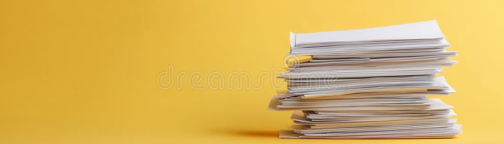 High Stack of Papers on Yellow Background Office Documents Paperwork ...