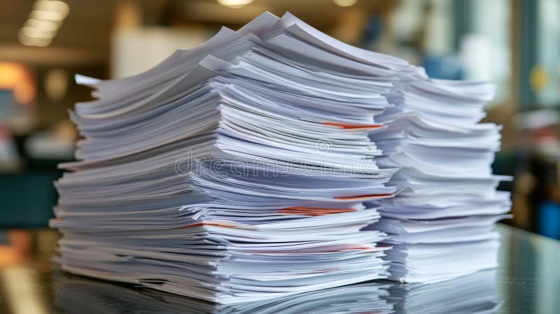 High Stack of White Paper Documents on Glass Desk Stock Illustration ...