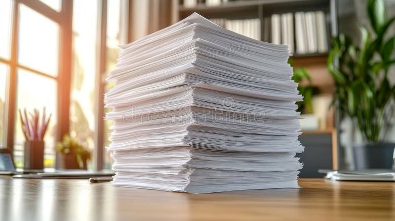 High Stack of White Papers on Wooden Desk in Office Stock Illustration ...