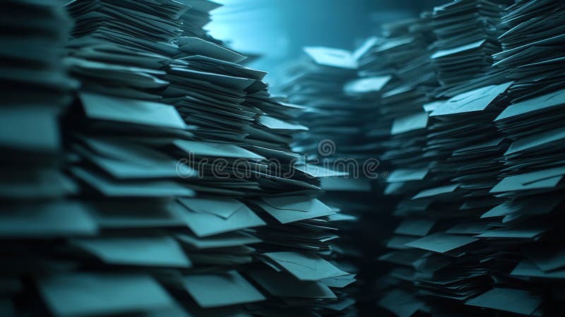 High Stacks of Papers in a Dark Room, Illustrating a Large Volume of ...