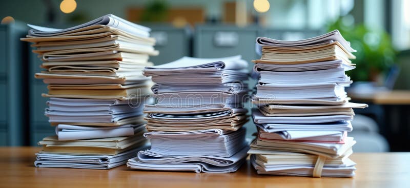 High Stacks of Paperwork, Documents Piled Up on Wooden Table in Office ...