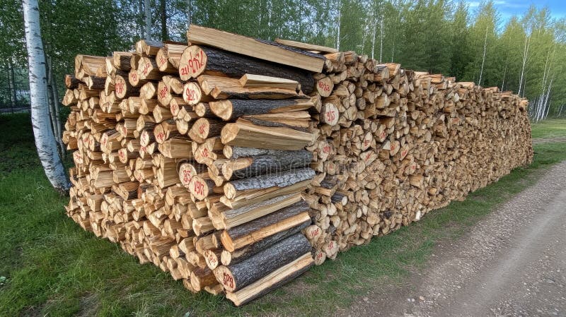 High Stacks of Tree Trunks Line a Small Path, Creating a Peaceful ...