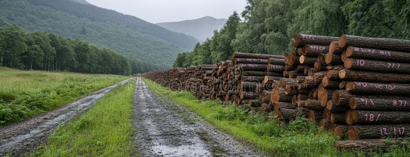 High Stacks of Tree Trunks Line a Small Path, Creating a Peaceful ...
