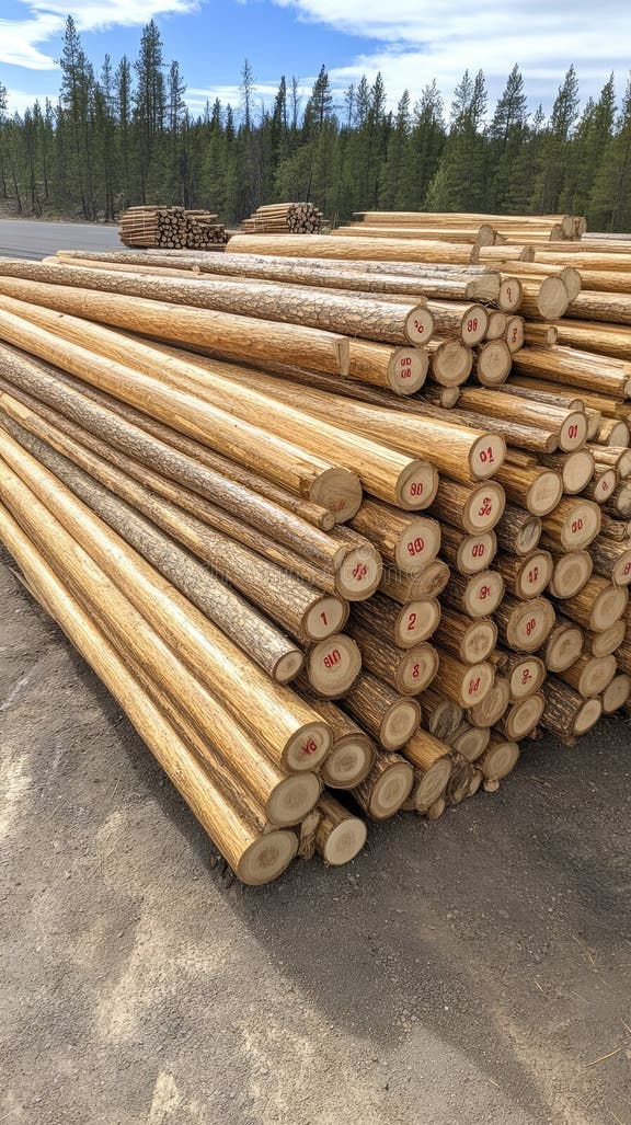 High Stacks of Tree Trunks Line a Small Path, Creating a Peaceful ...