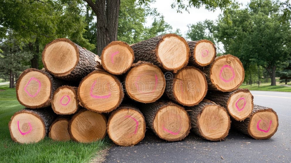 High Stacks of Tree Trunks Line a Small Path, Creating a Peaceful ...