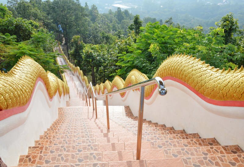 High Stairway through Forest Up To Buddhist Temple on Mountain Stock ...