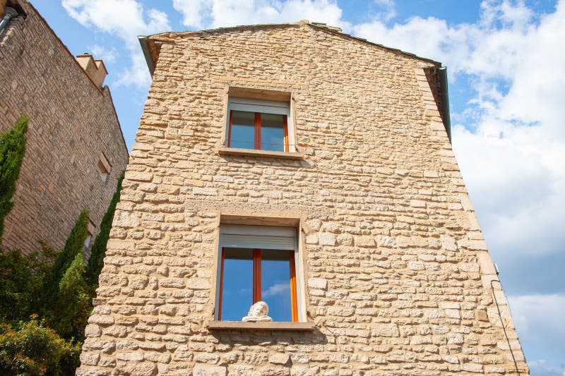 High Stone Exterior Wall with Two Windows Stock Image - Image of urban ...