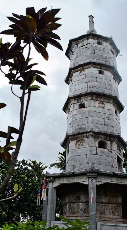 High Stone Five-storey Pagoda in Light Fog Stock Photo - Image of rain ...