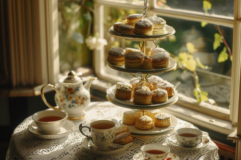 High Tea Set on Table stock photo. Image of cream, setup - 371854052