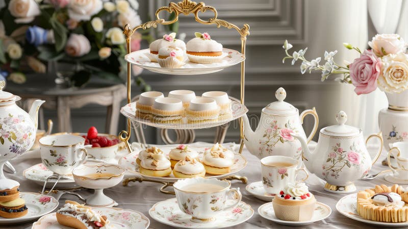 High Tea Setup with Delicate Pastries and Fine China Stock Illustration ...