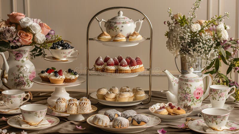 High Tea Setup with Delicate Pastries and Fine China Stock Illustration ...