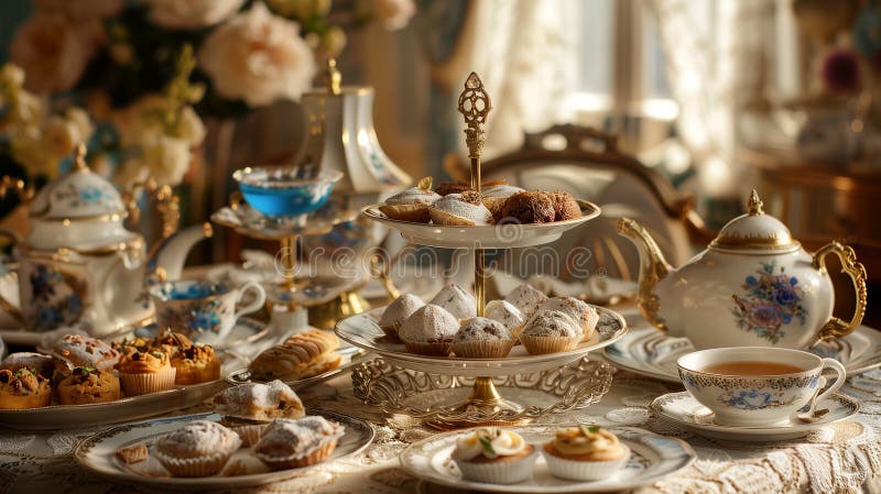 High Tea Setup with Delicate Pastries and Fine China Stock Illustration ...