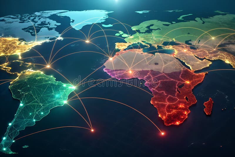 High-Tech Abstract Map of Continents Depicting Global Communication and ...
