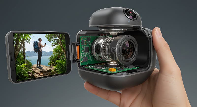 High-Tech 360° Action Camera with Internal Components Displayed Stock ...