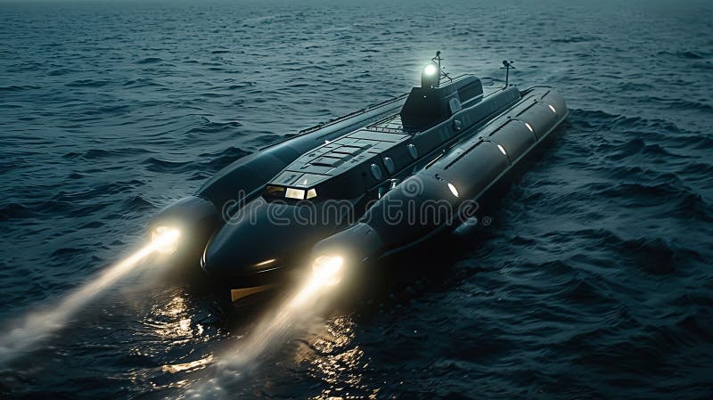 High-tech, Advanced Submarine Navigating through Dark Waters at Night ...