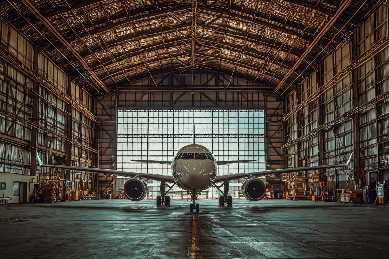 High-Tech Aerospace Manufacturing Facility Interior with Airplane in ...