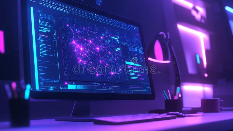 High-tech AI Network Visualization on a Sleek Computer Screen Stock ...