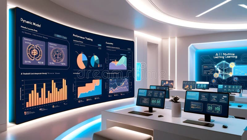 High-Tech AI Training Room, Dynamic Model Data, Performance Graphs, and ...