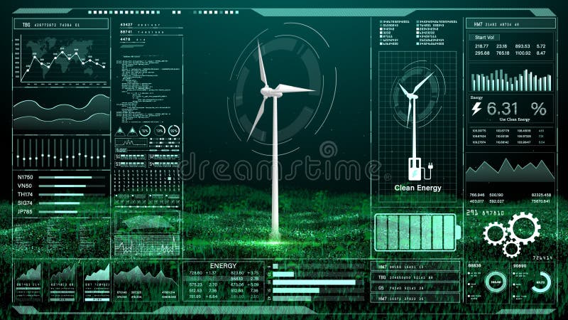 High Tech Analytics Interface Featuring a Wind Turbine, Illustrating ...