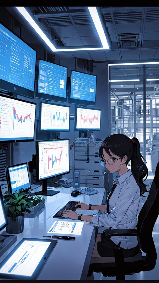 High-tech Anime Business Office with Touchscreens and Virtual ...