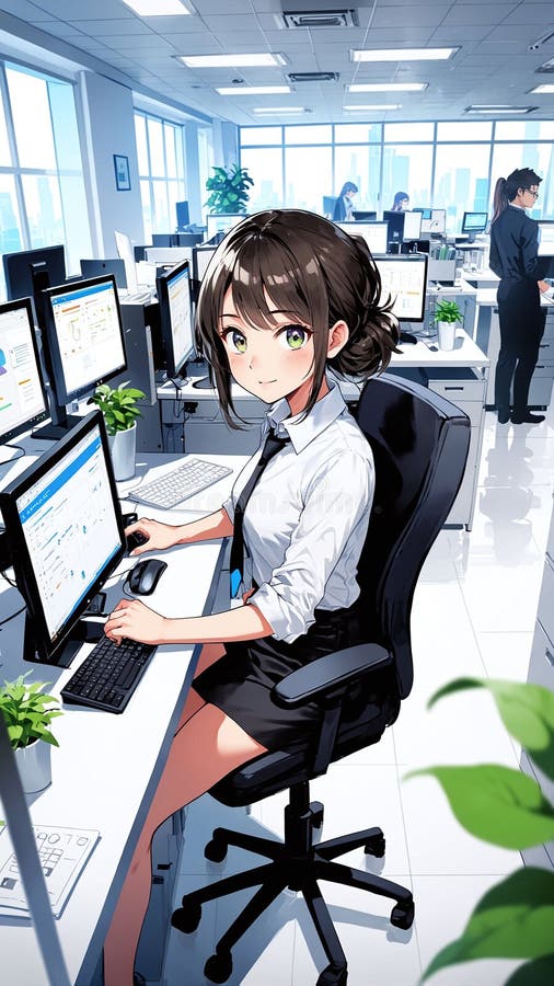 High-tech Anime Business Office with Touchscreens and Virtual ...