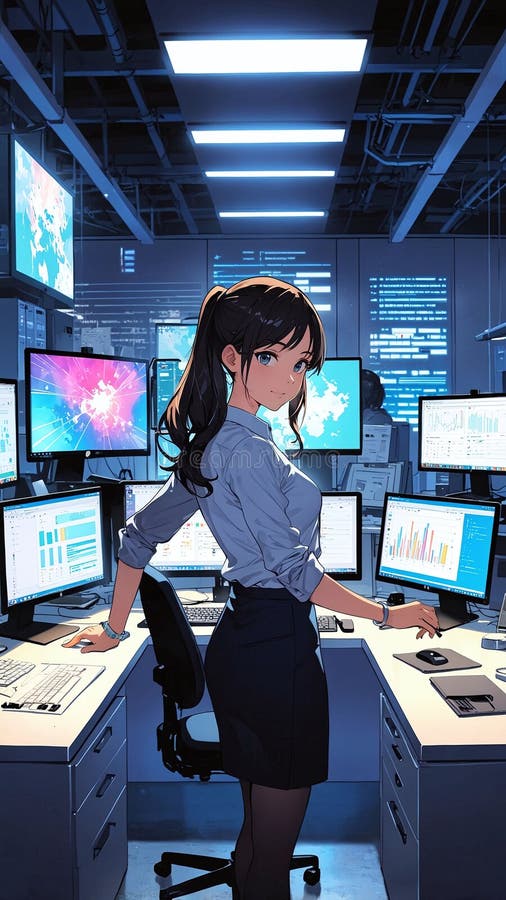 High-tech Anime Business Office with Touchscreens and Virtual ...