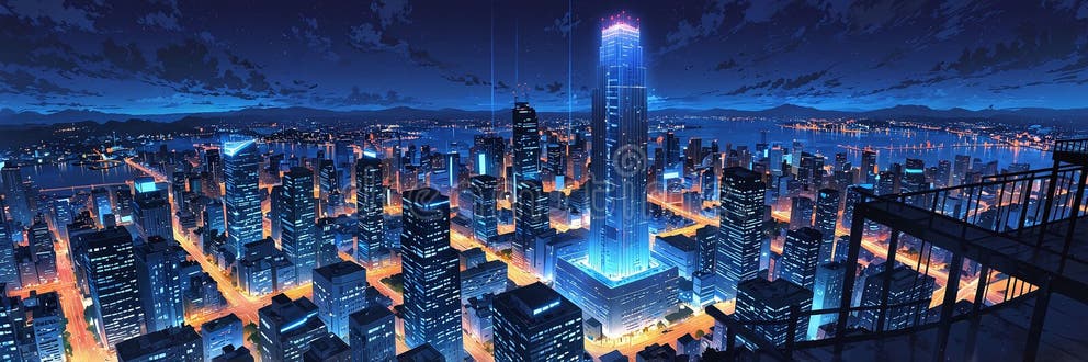 High-tech Anime Skyscraper with Panoramic City Views Stock Illustration ...