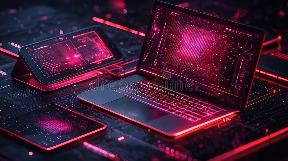 Futuristic Digital Devices Network Laptop, Tablets, and Circuit Board ...