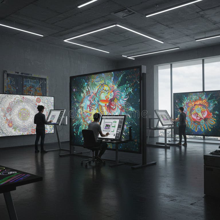 A High-tech Art Studio Featuring Three People Interacting with Large ...