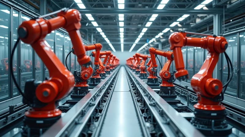 Industrial Assembly Line with Advanced Robotic Arms in Action Stock ...