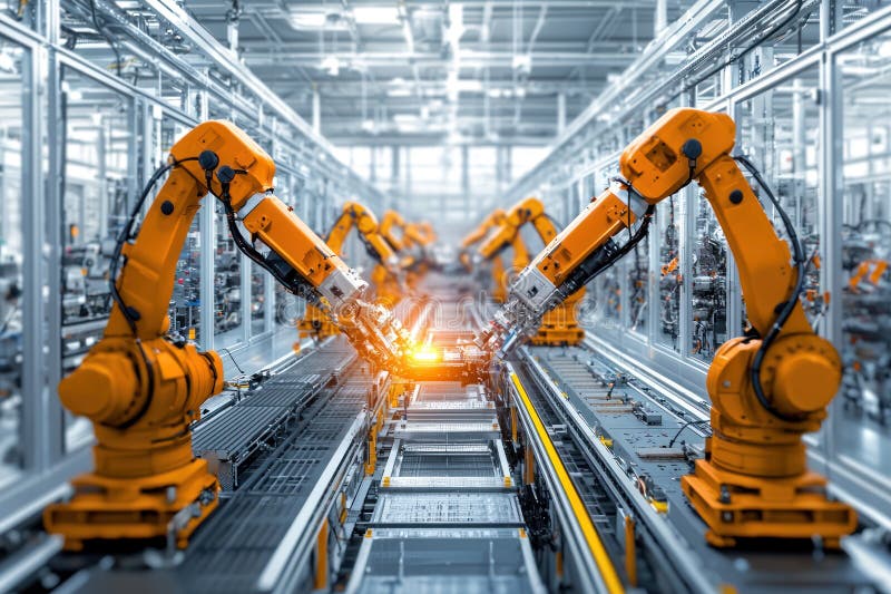 High Tech Assembly Line with Robotic Arms Showcasing Automation ...