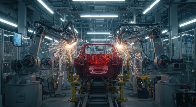 High Tech Assembly Line with Robotic Arms Welding a Vibrant Red Car ...
