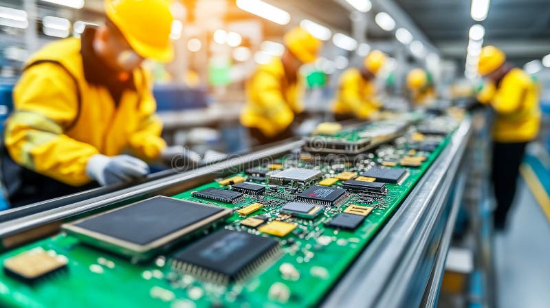 High Tech Assembly Line with Workers in Yellow Jackets Handling Circuit ...
