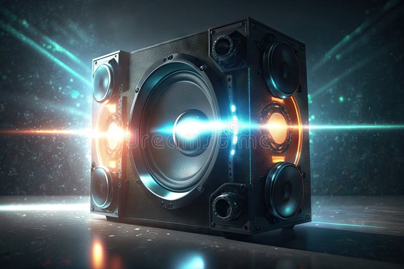 High-tech Audio Speaker on Stage, with Visible Digital Interface and ...