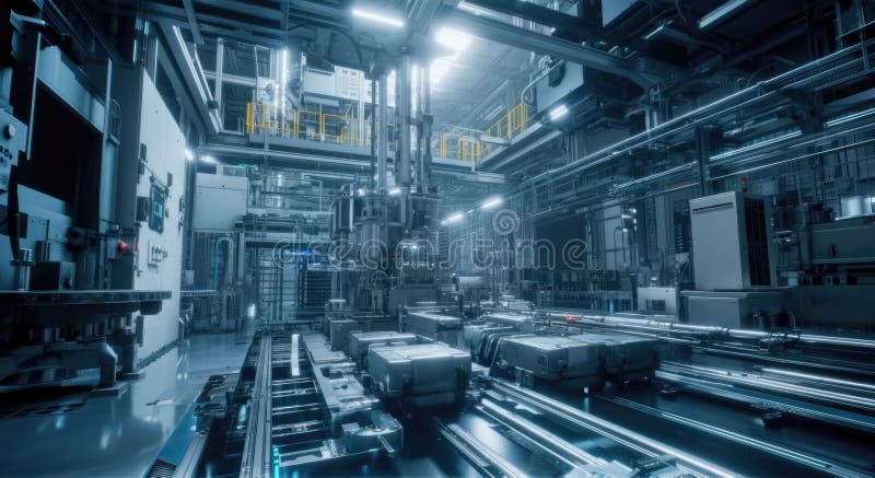 High-tech Automated Factory Floor with Advanced Robotics and Machinery ...