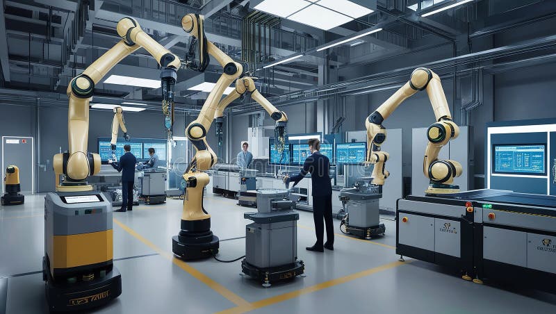 A High-tech, Automated Factory with Yellow Robotic Arms and Workers in ...