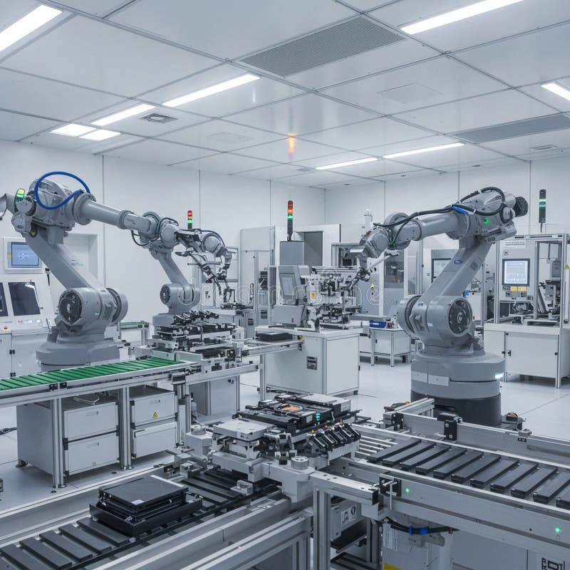 A High-tech Automated Manufacturing Facility Featuring Robotic Arms on ...