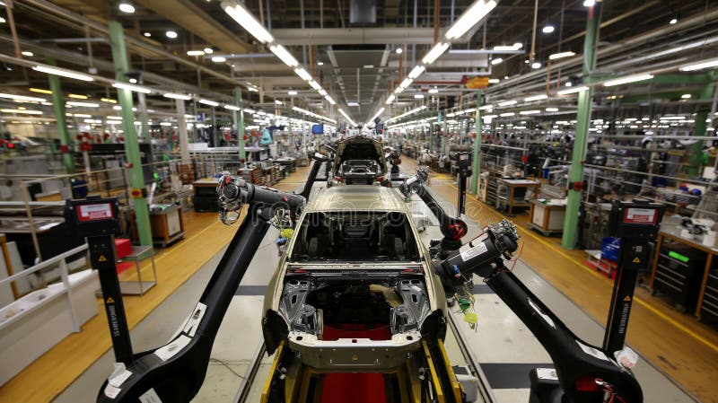 Modern Automotive Assembly Line with Robotic Arms and Workstations ...