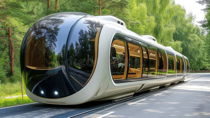 High-tech Autonomous Shuttle Gliding on a Forest Road, Blending Nature ...