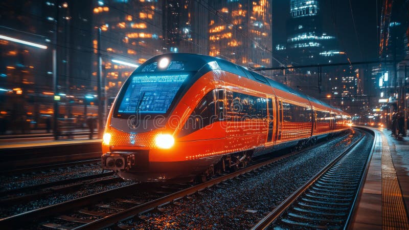 High Tech Autonomous Train Navigating Urban Infrastructure at Night in ...