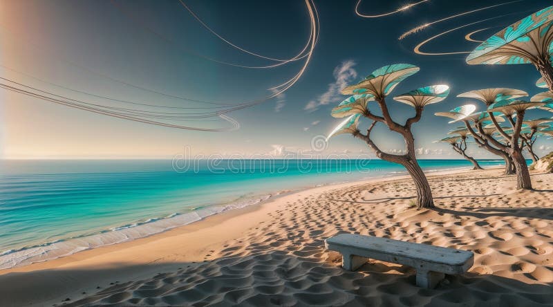 High Tech Beach Scene with Glowing Coast and Abstract Horizon for Use ...